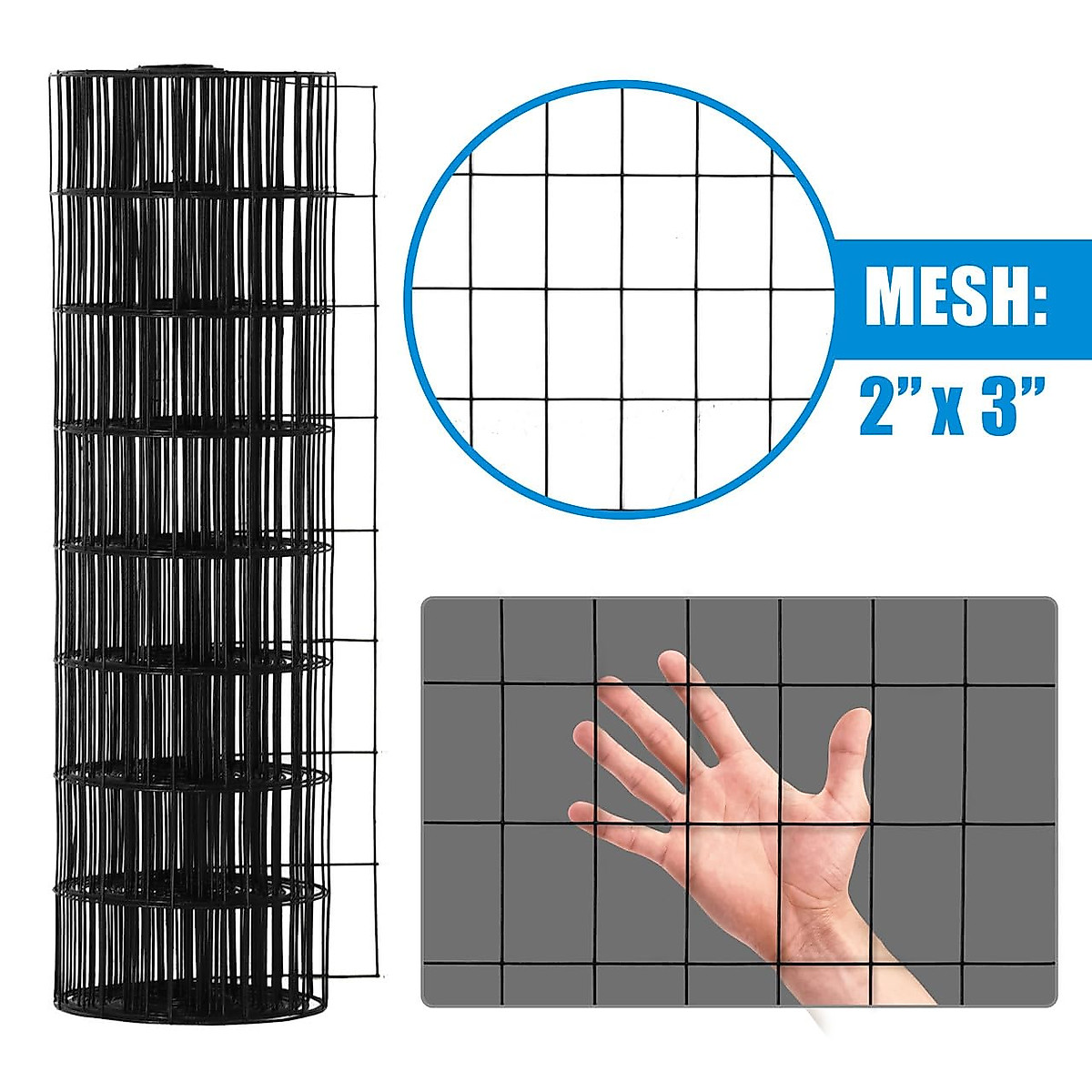 Fencer Wire Vinyl Coated 16 Gauge Welded Fence Wire Roll, Mesh Size 2-Inch x 3-Inch, Black Metal Garden Fencing Wire Grid Hardware Cloth, Multiple Use for Home Improvement