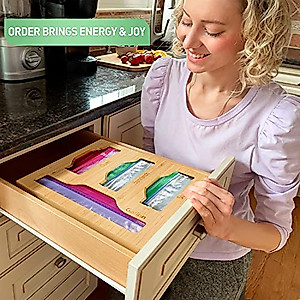 Soligt Ziplock Bag Organizer for Kitchen Drawer, Bamboo Baggie Organizer with Removable Top Lid for Sandwich, Quart Slider, Gallon, Snack Plastic Bags