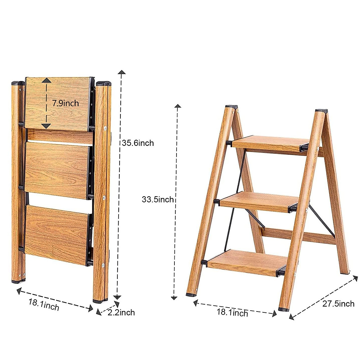 SOLADDER 3 Step Ladder Anti-Slip Foldable Step Stool Aluminum Lightweight with Wide Pedal for Home and Kitchen Space Saving - Woodgrain (330 lbs)