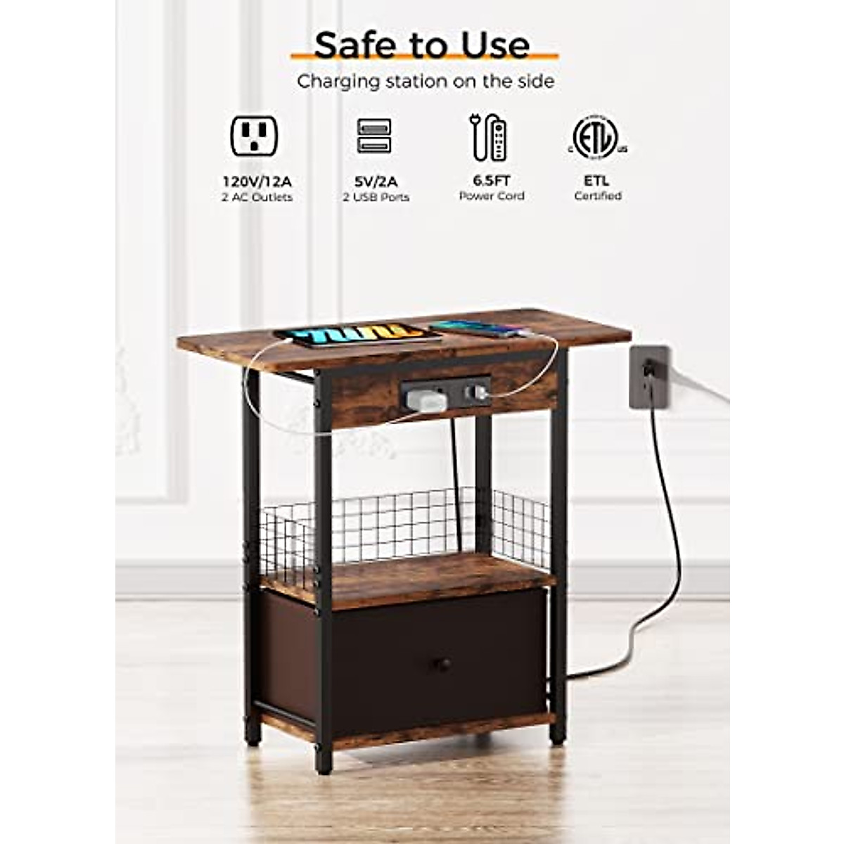 GiveBest End Table with Charging Station, Narrow Side Table with Cloth Drawer and Open Storage, Sofa Table with USB Ports and Outlets, Slim Bedside Table with Open Shelves for Living Room, Office