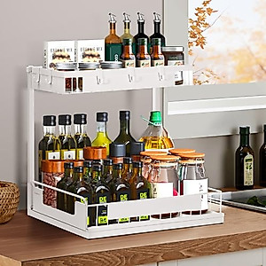 Large Under the Sink Organizer Bathroom, 2-Tier Kitchen Under the Sink Organizers and Storage with 4 Hooks, Cabinet Storage Shelves No Drilling Rustproof Stainless Steel Pull Out Shelf, White