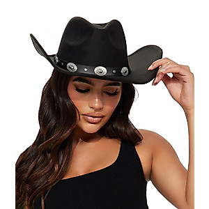 Eohak Womens Western Cowboy Hats Studded Pinched Western Cowgirl Hats Wide Brim Fedoras Hat with Belt Buckle （Size: M-L） (US, Alpha, Medium, Black)