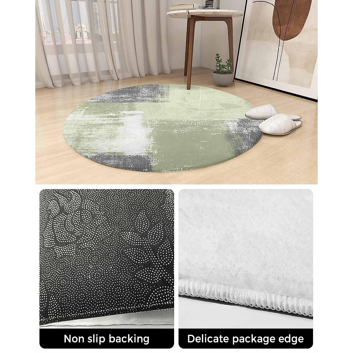 Modern Sage Green Fluffy Round Area Rug Carpets 5ft, Plush Shaggy Carpet Soft Circular Rugs, Non-Slip Fuzzy Accent Floor Mat for Living Room Bedroom Nursery Home Decor Abstract Grey White Painted Art