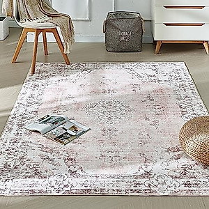 BRICHOEE Vintage Machine Washable Area Rug 5x7 Light Pink Low-Pile Indoor Floral Print Carpet Non Slip Printed Persian Boho Rug for Living Room