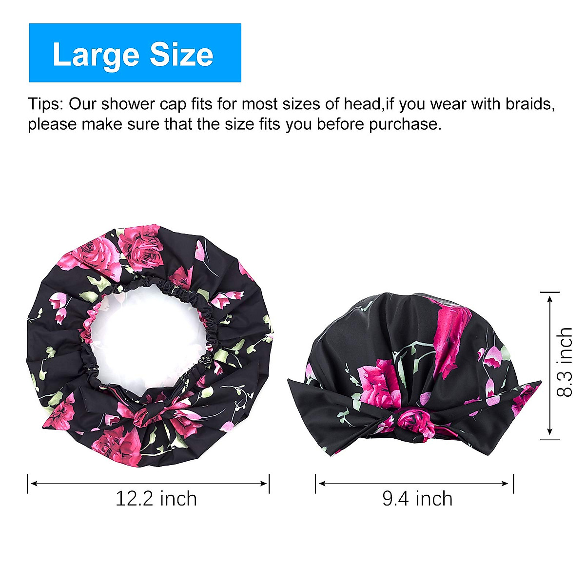 Reusable Shower Cap for Women Long Hair, Waterproof Large Shower Caps Adjustable, Washable, Breathable