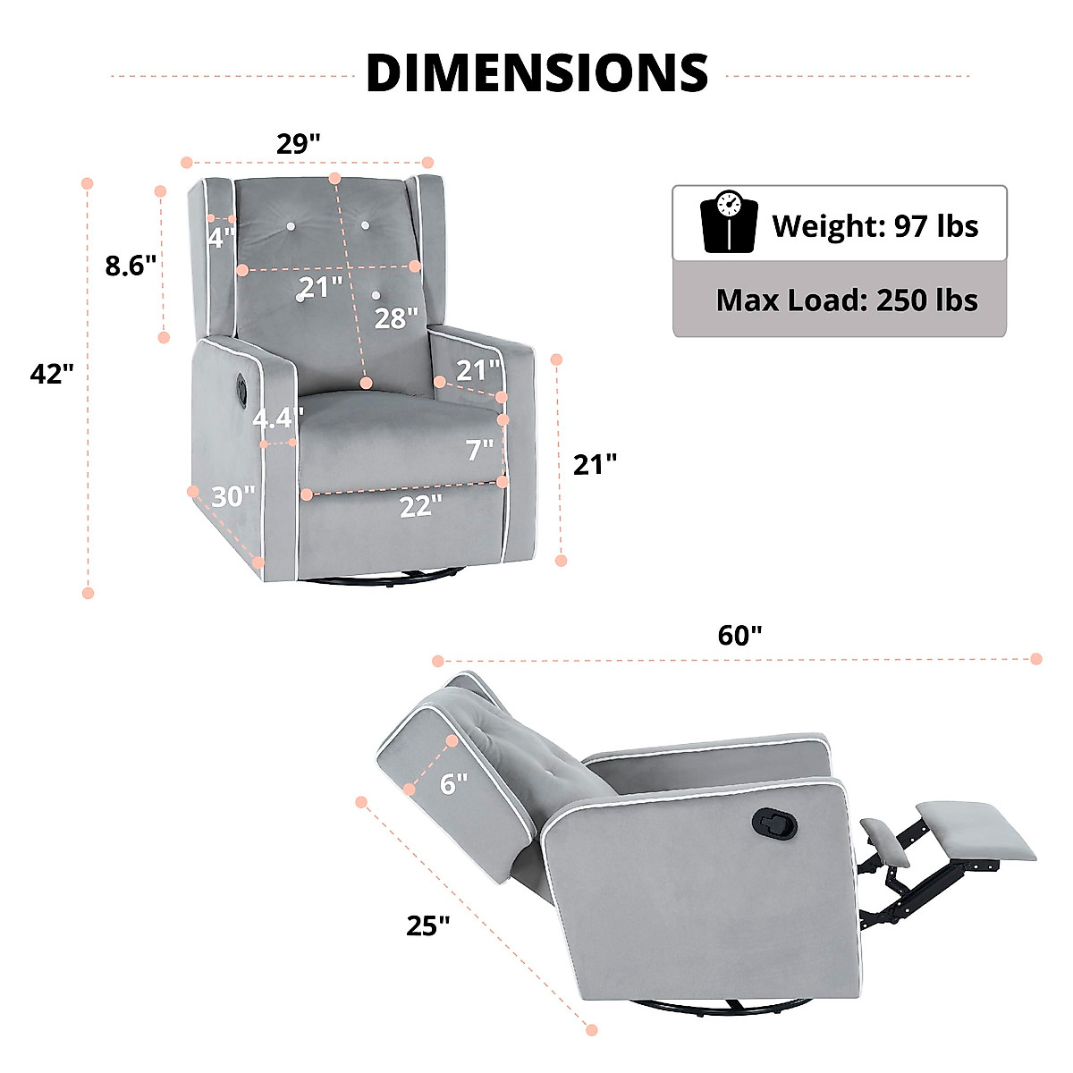 Bond with Your Baby, Relax in Style with Odelia 360° Swivel Glider Rocker Recliner, Nursery Chair with Manual Puller, Plush Cushioning, Soothing Rocking Motion with Microfiber Fabric - Light Gray