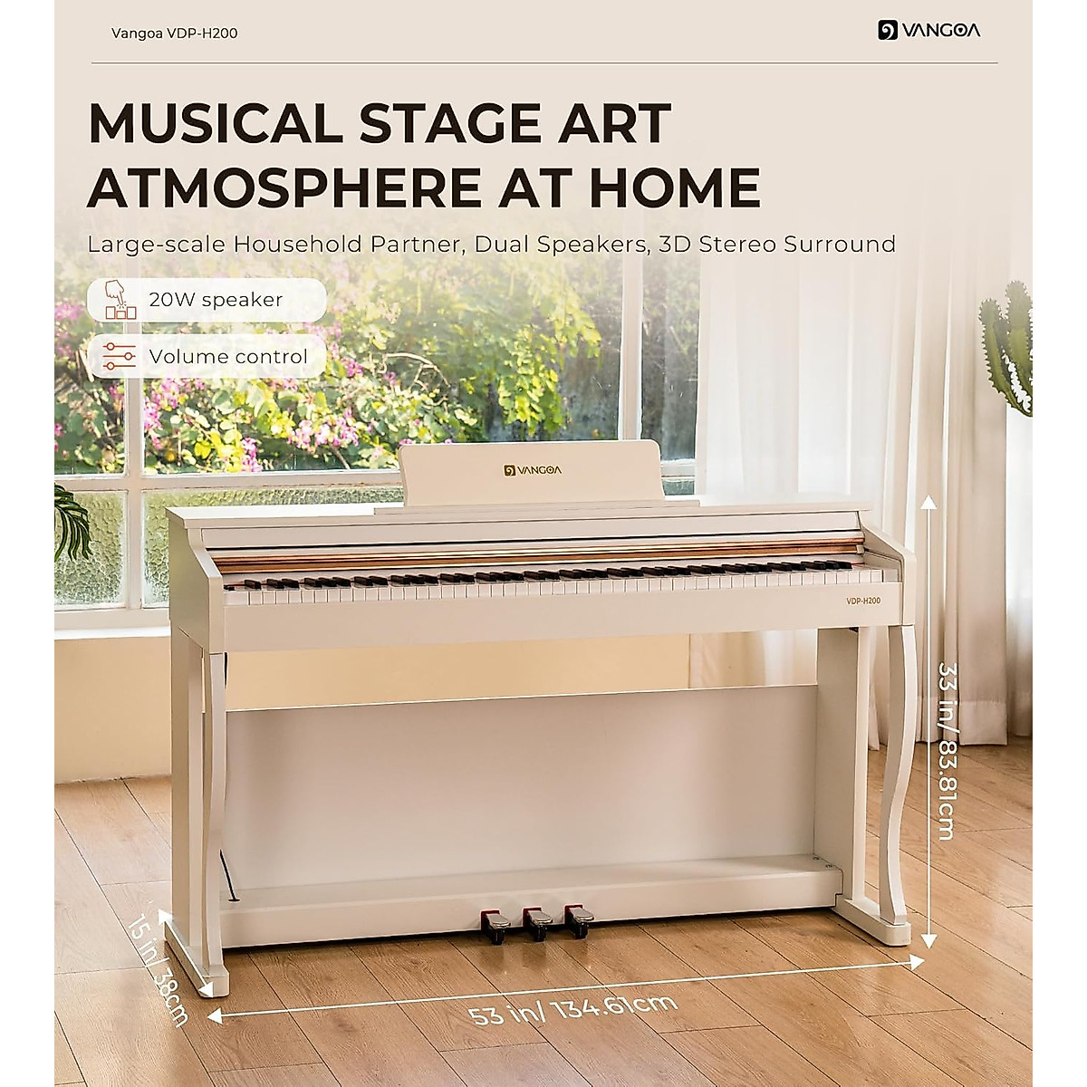 Vangoa Digital Piano 88 Keys Weighted Hammer Action White Home Digital Piano Bundle for Beginner Professional Adult with Wooden Stand, Slide Key Cover, Three Pedals, Power Adapter