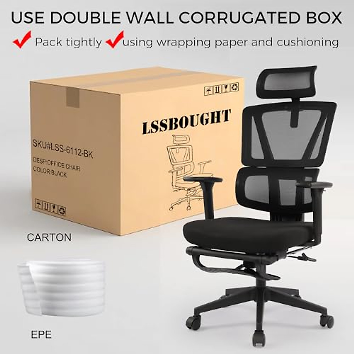 LSSBOUGHT Ergonomic Mesh Office Chair with Lumbar Support Adjustable Footrest Headrest, Mid Back Executive Swivel Desk Chair with Armrest for Home Office Work, Black