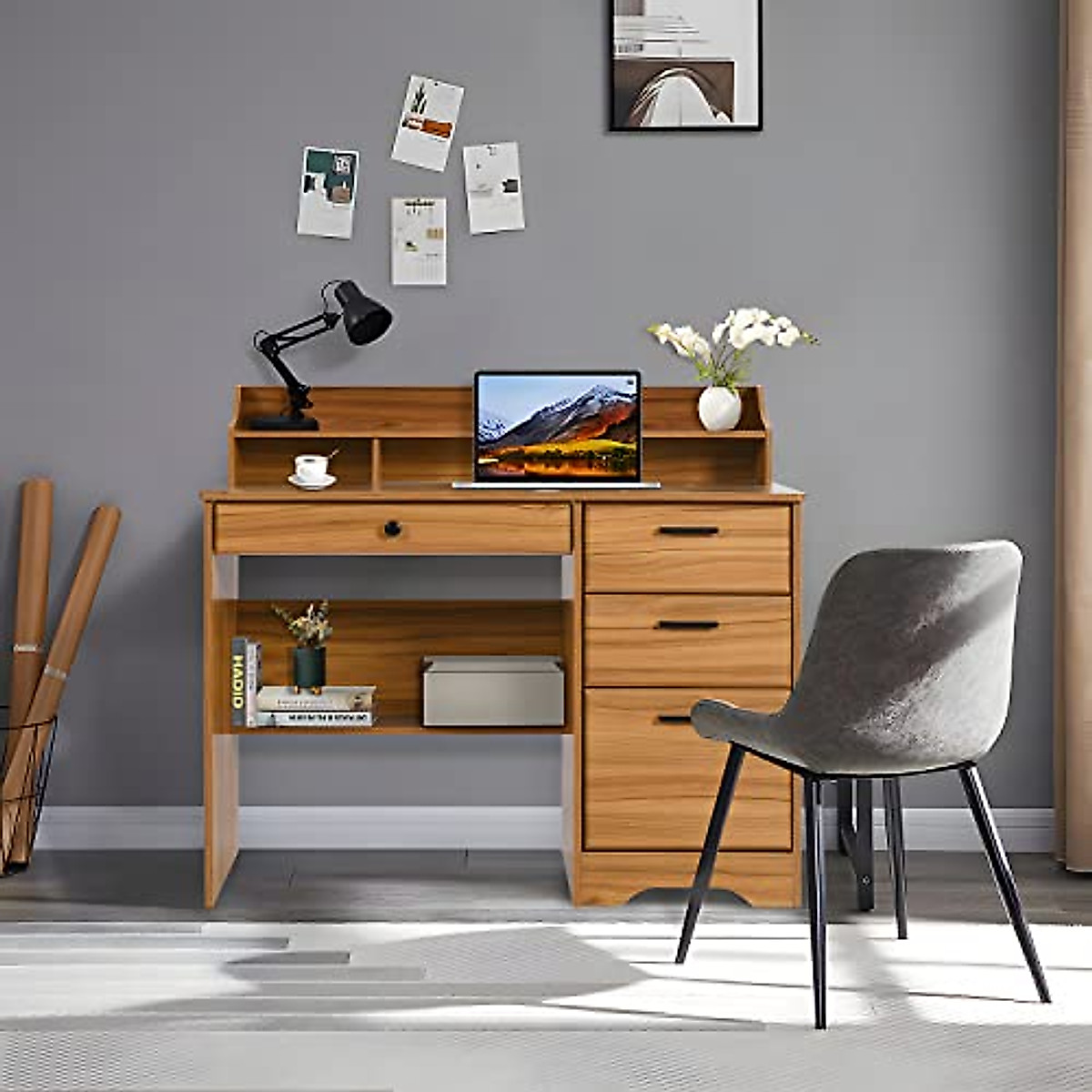 Computer Desk with 4 Drawers and Storage, Small Office Desk with File Drawers and Hutch, Farmhouse Wood Writing Student Table for Home Office, Bedroom, Rustic Oak