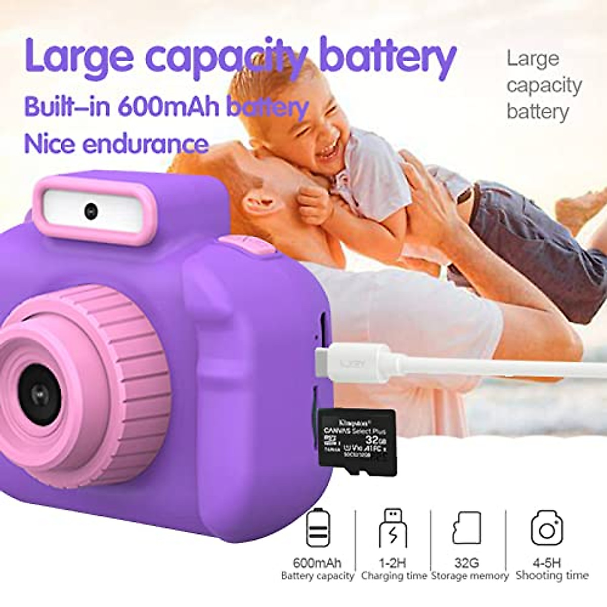 1080P HD Digital Camera, 4800W Front and Rear Dual Camera, Video and Games, with Flashlight, 800Mah Battery