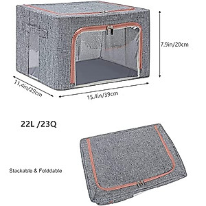 OJIMO Foldable Clothes Storage Bins 2 Pack,Stackable Metal Frame Storage Box w/Reinforced Handle, Stackable Thick Linen Fabric Closet Organizer Set with Clear Windows, Sturdy Zippers(15.4x11.4x7.9in)