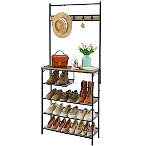 Hoctieon 5-Tier Hall Tree with Shoe Rack, Hall Trees for Entryway with Storage, Hall Tree with Bench and Shoe Storage, Mesh Slant, Greige