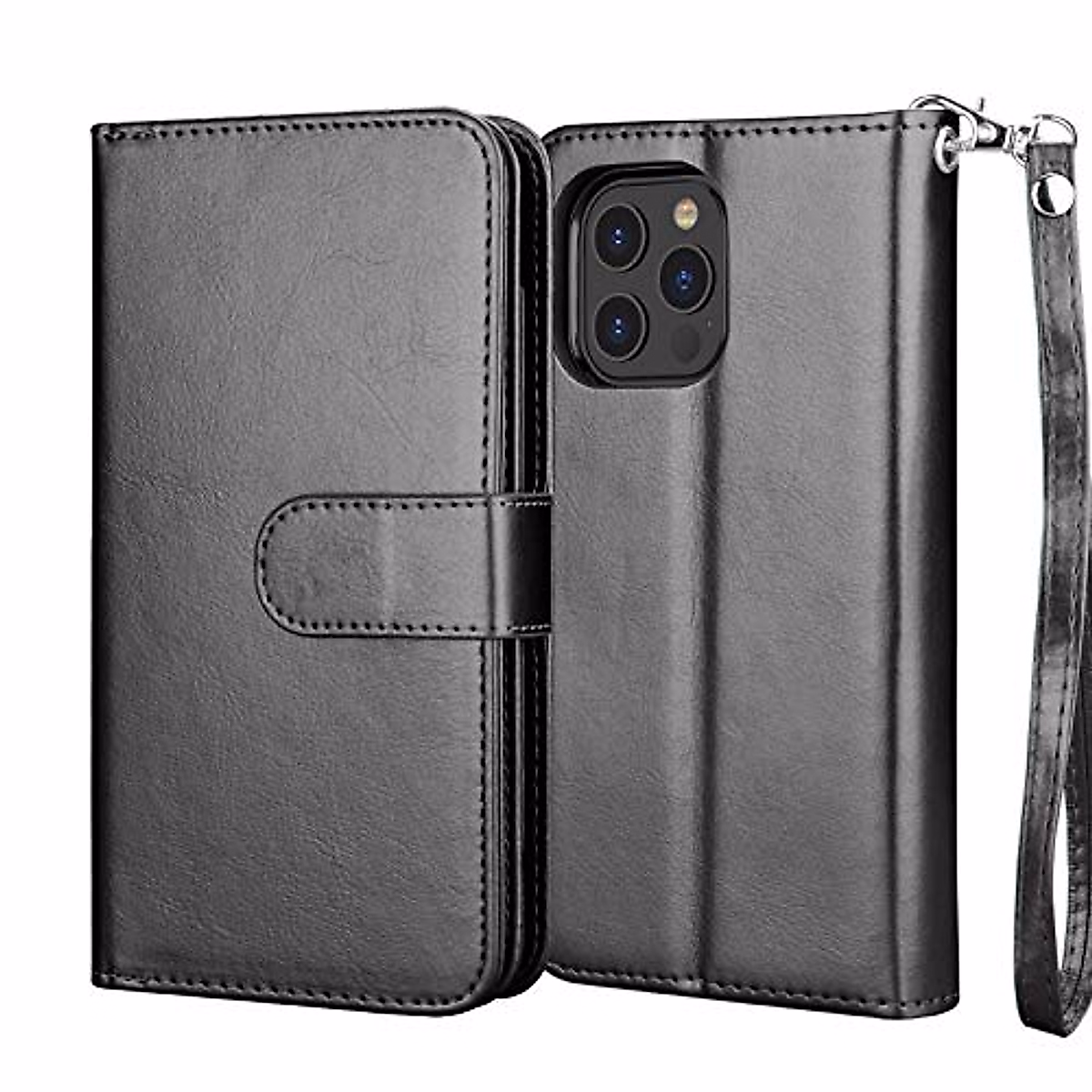 NJJEX Compatible with iPhone 12 Case/iPhone 12 Pro Wallet Case 6.1 inch (2020), [9 Card Slots] PU Leather ID Credit Holder Folio Flip [Detachable] Kickstand Magnetic Phone Cover & Lanyard [Black]