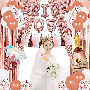 Bachelorette Party Decorations - Rose Gold Bridal Shower Party Decor and Supplies Kit Bride To Be Sash, Veil, Temporary Tattoos, Confetti Balloons Pack Fringe Curtain And Theme Stickers