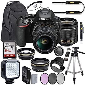 Nikon D3500 DSLR Camera Video Kit with AF-P 18-55mm VR Lens + LED Light + Deluxe Backpack + 64GB Memory + Professional Photo Accessories (19 Items) (Renewed)