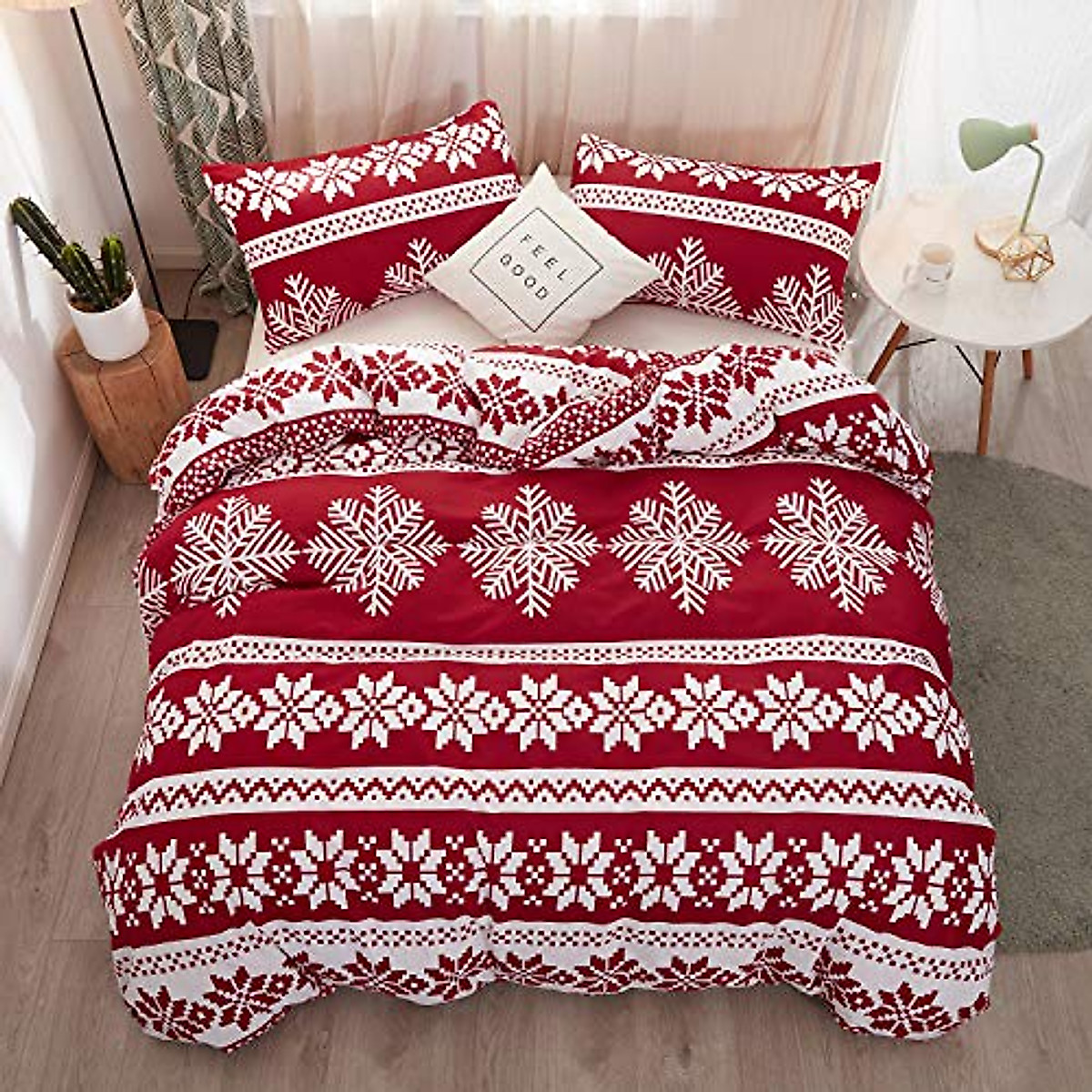 LAMEJOR Christmas Duvet Cover Set King Size Snowflake Pattern Holiday Bedding Set Comforter Cover(1 Duvet Cover+2 Pillowcases) Red
