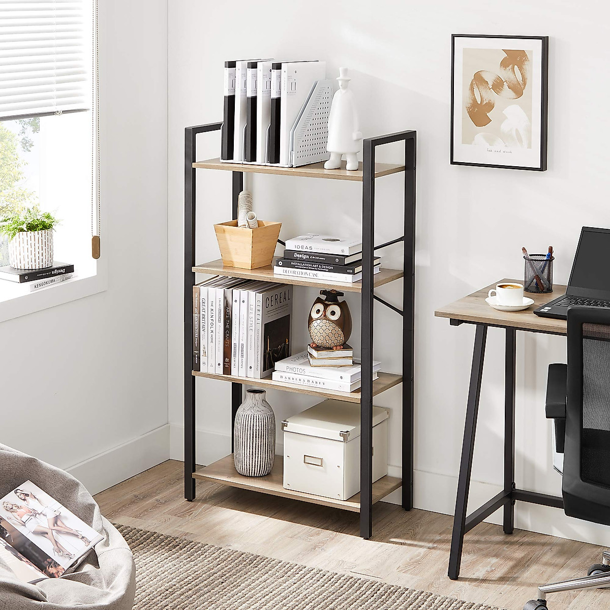 VASAGLE 4-Tier Tall Bookshelf, Bookcase with Steel Frame, Book Shelf for Living Room, Home Office, Study, 11.8 x 25.9 x 47.2 Inches, Industrial Style, Greige and Black ULLS060B02