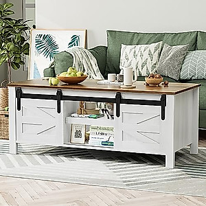 YESHOMY Coffee Table with Sliding Barn Doors & Storage, Wooden Center Rectangular Cabinet with Adjustable Shelves, for Livingroom, Bedroom, Home Office, White