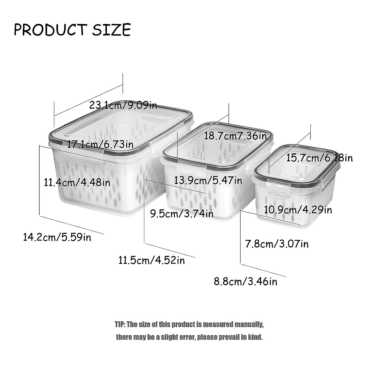 KOXXIAMOQ Fruit and Vegetable Storage Containers for Fridge, 6 Pcs/3 Sets Keep Fresh Produce Saver Containers Keeper, Food Storage Containers with Removable Colander (grey)