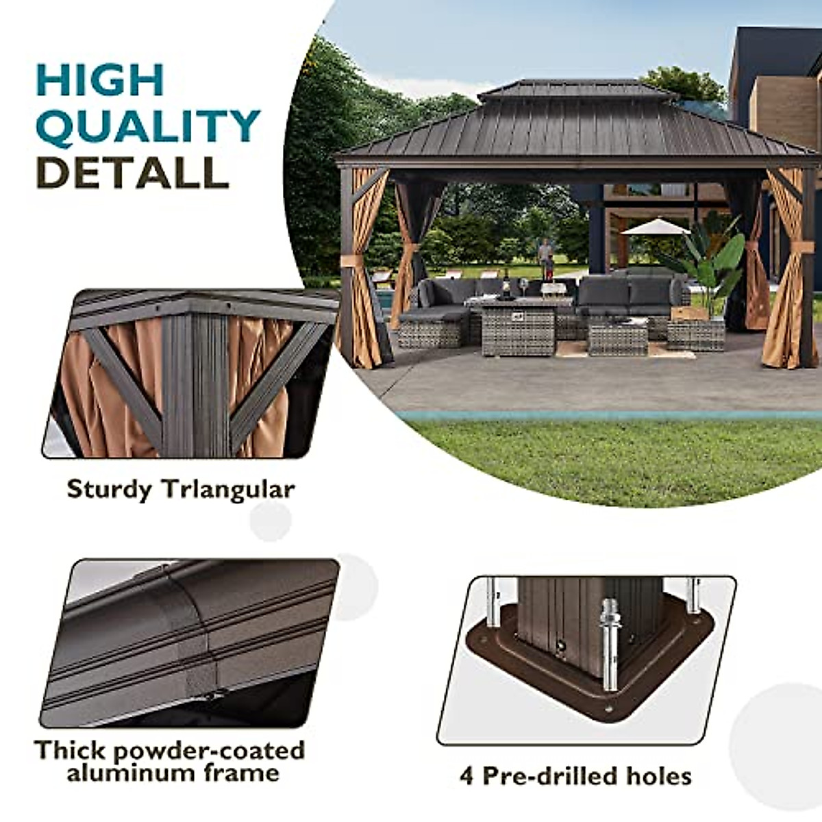 Binplax Outdoor Hardtop Gazebo Polycarbonate Double Roof Canopy Curtains Aluminum Frame with Netting for Garden, Patio (Metal Top, 12 * 16')