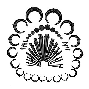 Memsion Ear Stretching Kit 54 Pieces 14G-00G Ear Gauges Expander Set Acrylic Septum Piercing Kit Crescent Spiral Buffalo Tapers and Plugs for Women Men Black Color