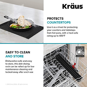 KRAUS Multipurpose Over-Sink Roll-Up Dish Drying Rack, Colander and Trivet in Black, KRM-10BLACK