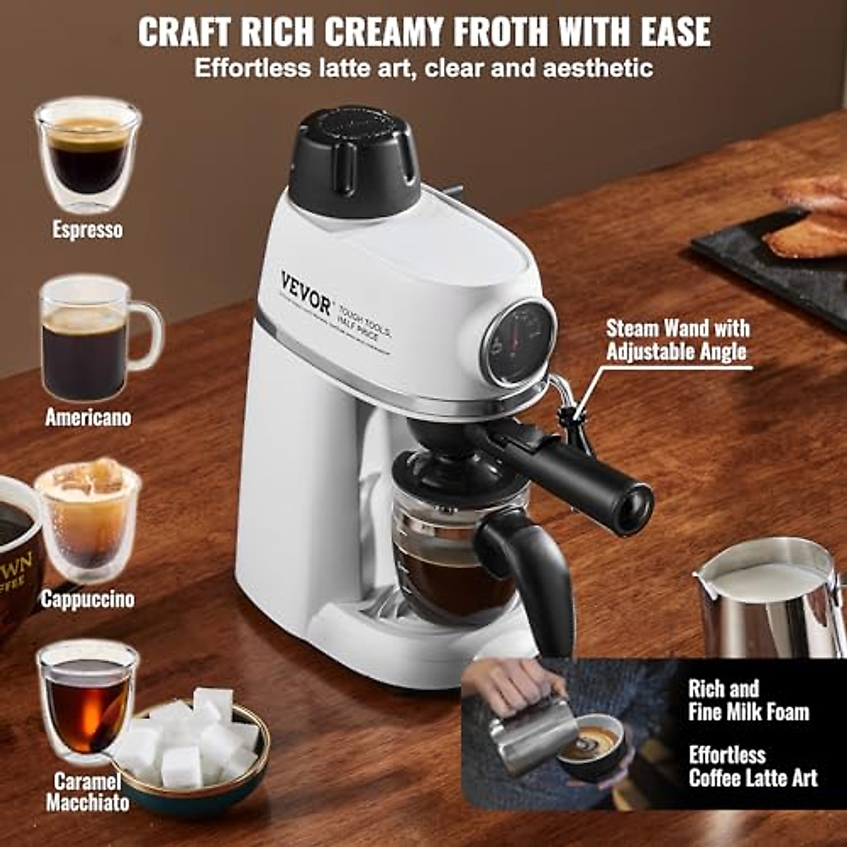 VEVOR Espresso Machine, 3.5 Bar Espresso Maker with Milk Frother Steam Wand, 4-Cup Professional Coffee/Espresso Machine with Temp Gauge for Latte Cappuccino, NTC Control System