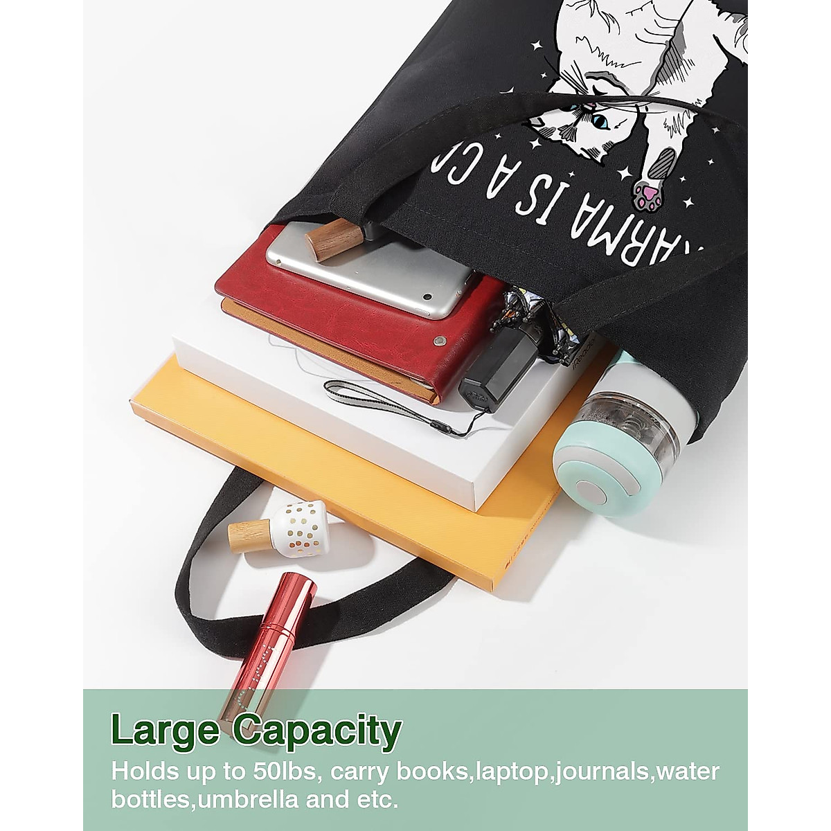 AUSVKAI Cute Tote Bag for Women, Totes Bag Gift-Karma is A Cat for Grocery Beach