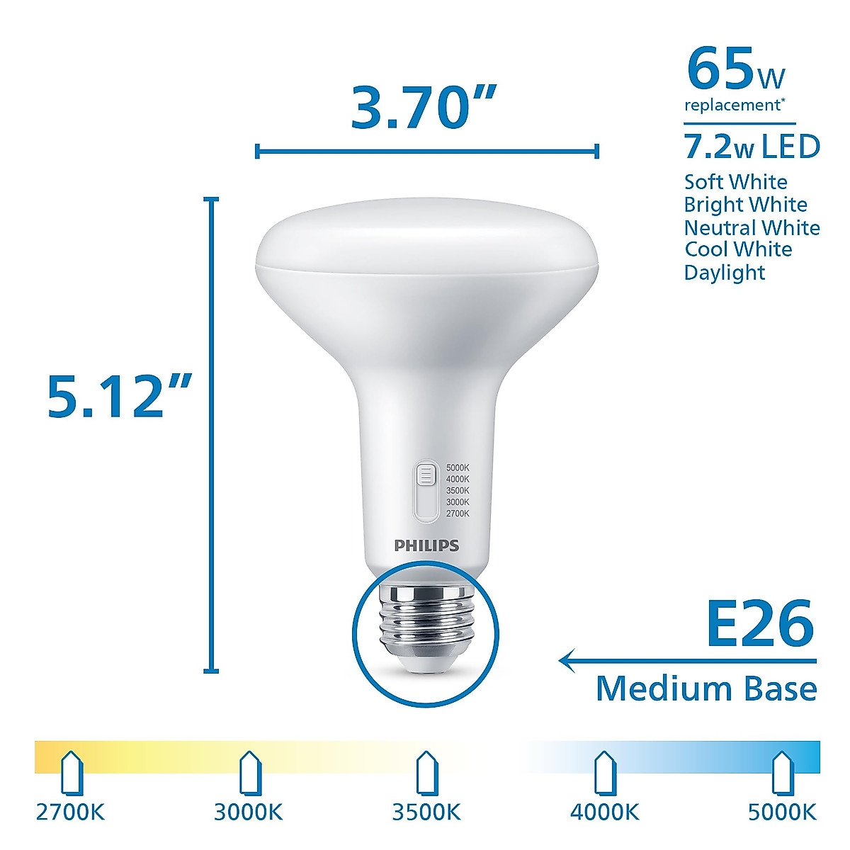 PHILIPS BR30 Dimmable LED Spotlight Bulbs - Flicker Free Light Bulb with EyeComfort Technology - Selectable White - E26 Base - 6 Pack