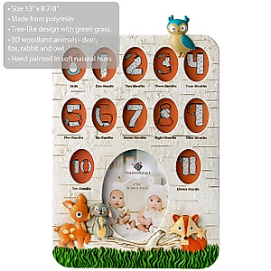FASHIONCRAFT Woodland Animals Baby's First Year Collage Photo Frame - Polyresin - Handpainted - 13 Openings - Gender Neutral for Boys and Girls - Baby Room Décor