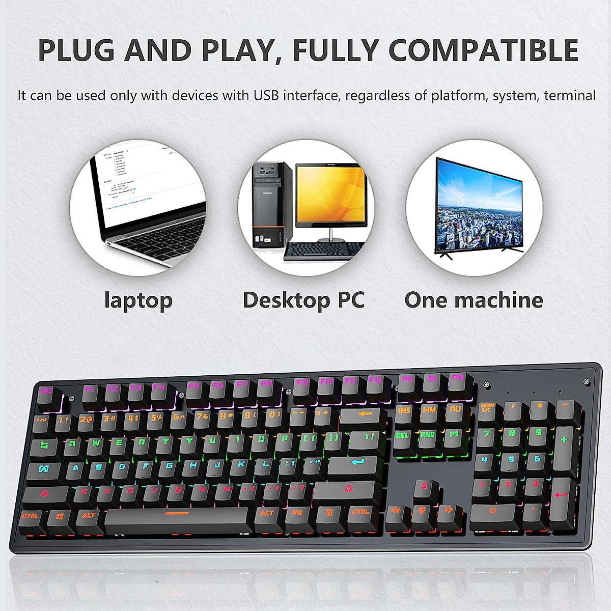 Chuang Gaming KU20 Mechnical Gaming Keyboard, RGB Backlit Wired Keyboard with Blue Switches & ABS Keycaps, Splash-Proof Function with Ergonomic Design, Black