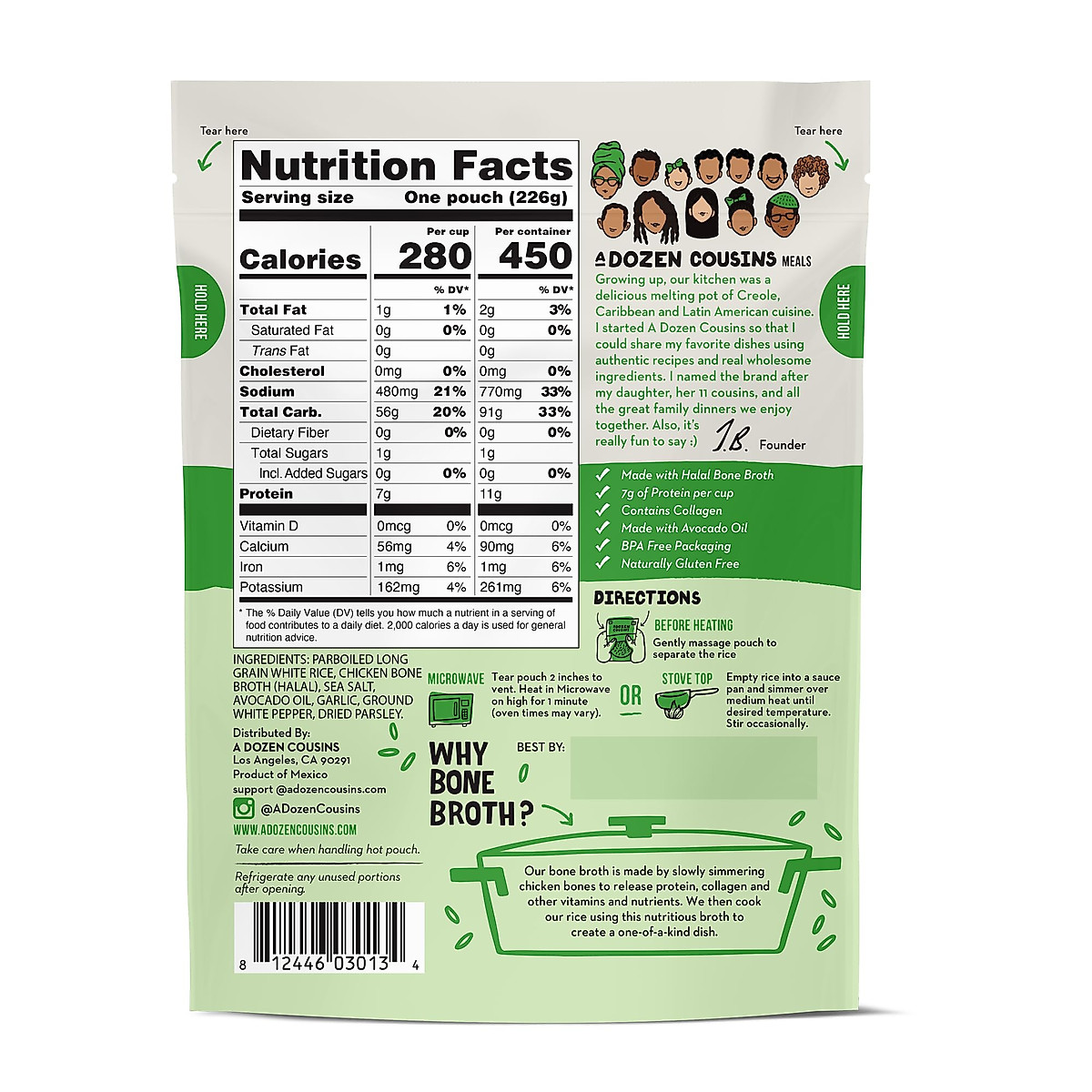 A Dozen Cousins Rice Cooked in Bone Broth Microwaveable Rice Packets | 7g Protein | Contains Collagen (Classic Chicken Broth, 8 Pack)