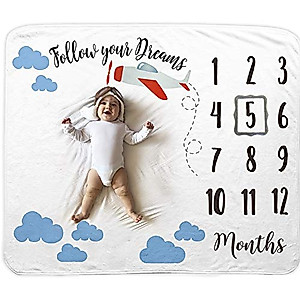 Baby Monthly Milestone Blanket | Includes Felt Frame and Baby Aviator Hat | 1 to 12 Months | Premium Extra Soft Fleece | Best Photography Backdrop Prop for Newborn Boy & Girl (Airplane Blanket)