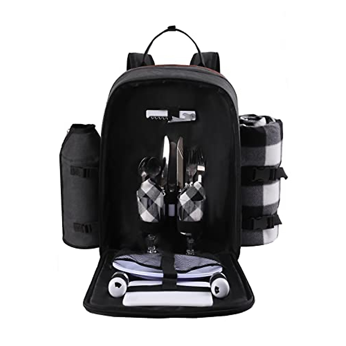ALLCAMP OUTDOOR GEAR Picnic Backpack for 2 Person Set W/Detachable Bottle/Wine Holder, Fleece Blanket, Plates and Cutlery Set (Black)