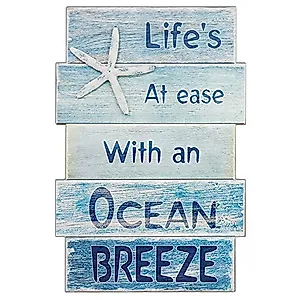 Starfish Beach Sign for Home Decor,Vintage Beach Theme Bathroom Wall Decor Wall Art Plaque with Quote Sayings - Life's at Ease with an Ocean Breeze 11.5" x 17"