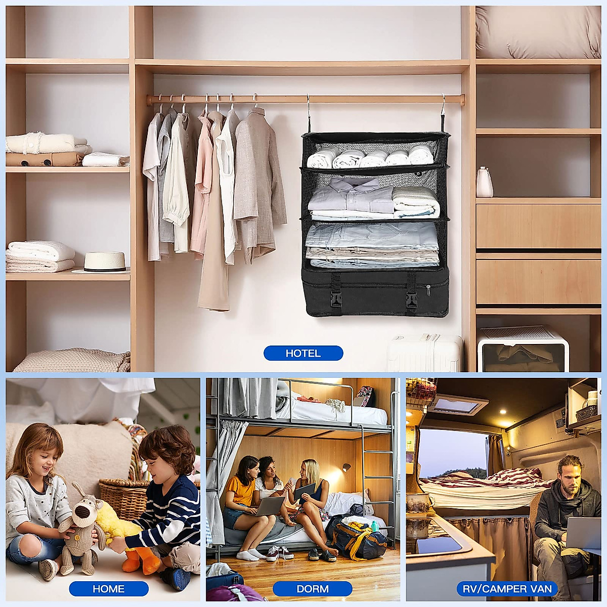 Aomiduo Portable Hanging Travel Shelves with Toiletry Bag Set, OUMEDUO Premium Durable Oxford Packing Cubes for Suitcases Hanging Carry on Closet Luggage Organizers for Travel