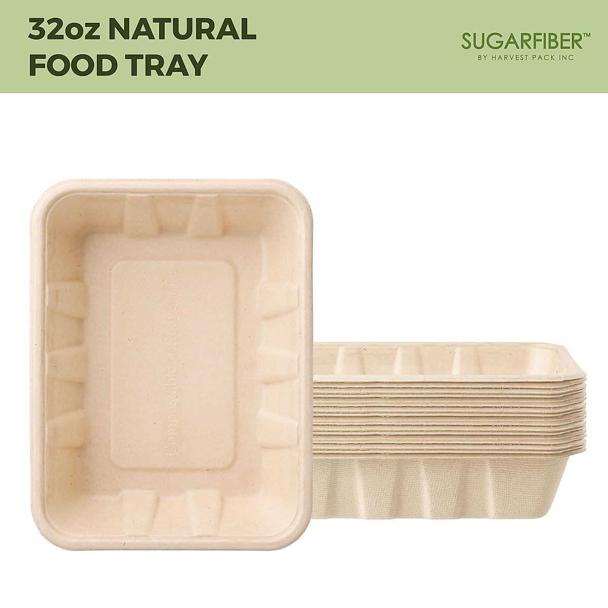 Harvest Pack GOURMET SHOWCASE [400 COUNT] Sugarfiber 32 oz Compostable Disposable Food Container Serving Trays, Rectangle, Made from 100% Eco-Friendly Plant Fibers
