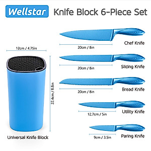 WELLSTER Blue Kitchen Knife Set with Block, 6 Pieces Knives Universal Holder Set, German Stainless Steel Blade Non-Stick Coated Chef Carving Bread Utility Paring Knives