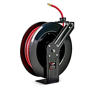 ReelWorks Air Hose Reel Retractable 3/8" Inch x 80' Foot Max 300PSI Longest Ever Hybrid Polymer Hose Industrial Steel Construction