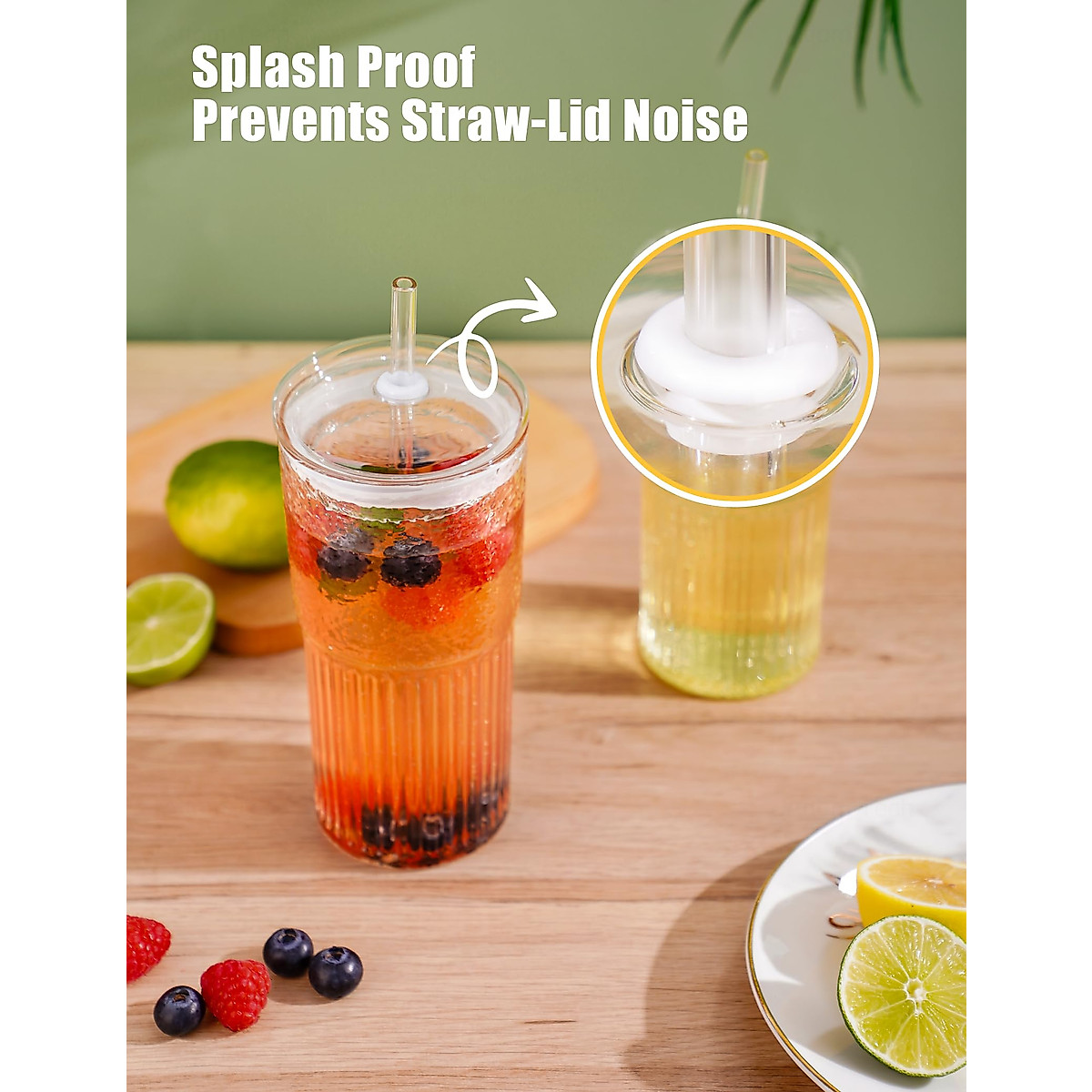 NiHome High Borosilicate Glass Tumbler Cup with Lid and Straw, 22oz Clear Iced Coffee Glass Cups Drinking Jars Glasses Smoothie Tea Cup with Straws, Wide Mouth Water Tumbler With Muffler Ring - 2 Pack