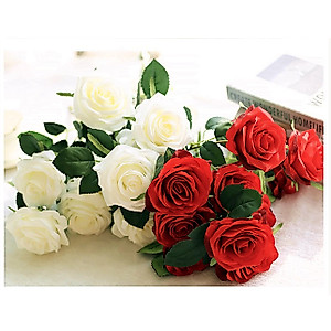 Jasion Artificial Roses 10 Heads Faux Flower Arrangement Silk Bouquet for Home Office Parties and Wedding Decoration (Red)