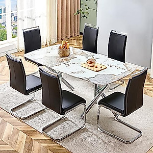 Modern Dining Table for 4 to 6 People with Imitation Marble White Desktop and Dual X-Shaped Silver Metal Legs, Modern Rectangular Kitchen Table for Kitchen Dining Room, 71" W x 39" D x 30" H