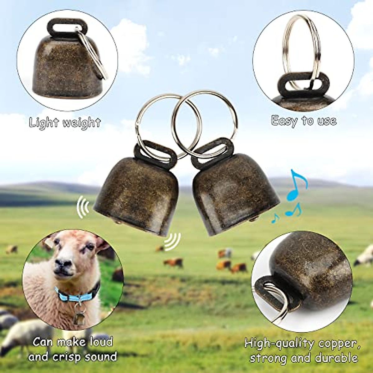 GINDOOR 5 Pack Reflective Goat Collars with Bells, Cow Horse Sheep Grazing Copper Bells and Adjustable Nylon Collar Set Pet Anti-Lost Loud Bronze Bell for Small Farm Animal Goat Sheep Cow Accessories