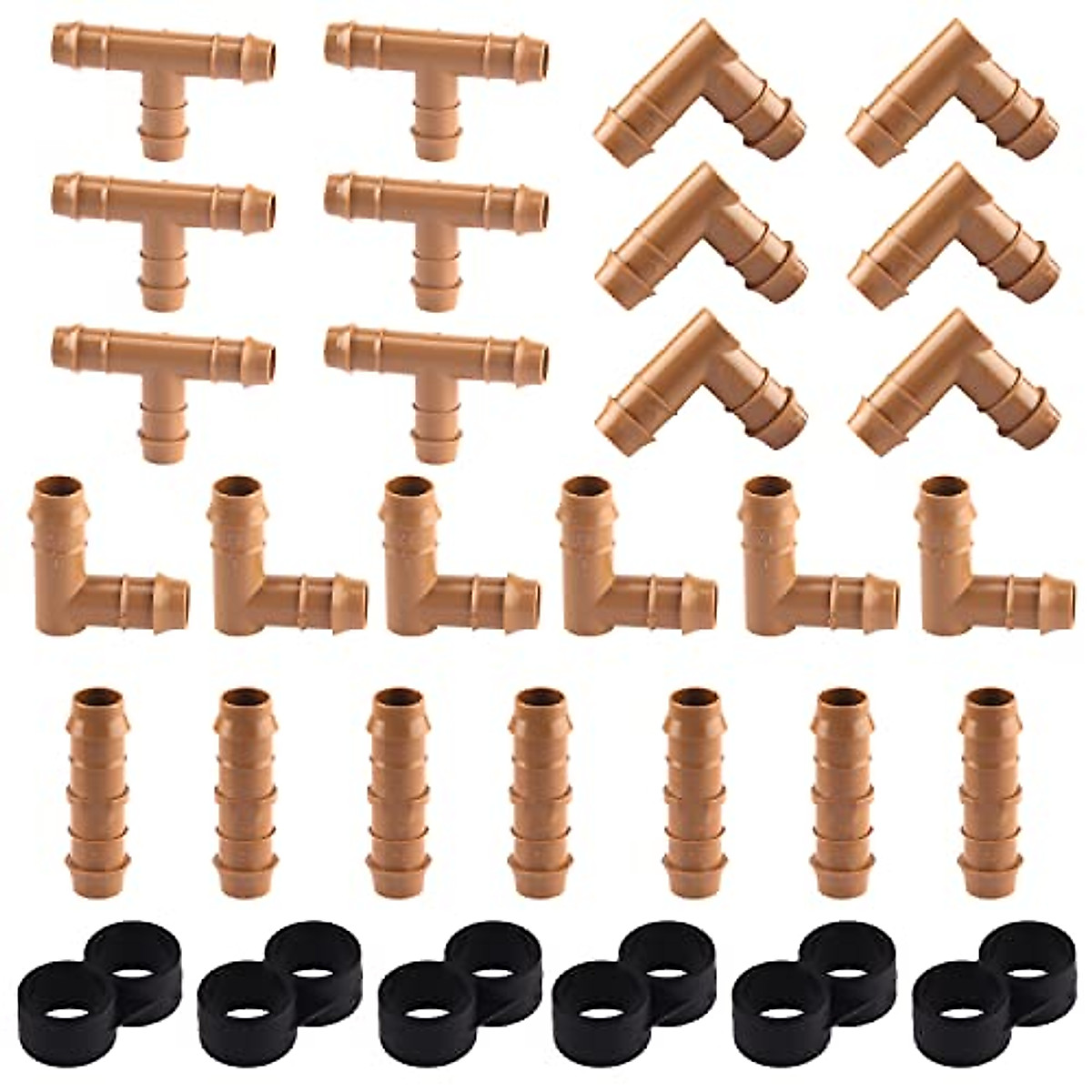 28PCS 1/2 in Drip Irrigation Fittings Kit, Irrigation Tubing Parts, Barbed Connector Include 10 Couplings, 6 Tees, 6 Elbows, 6 End Caps, Drip Line Connectors for Garden Drip or Sprinkler System