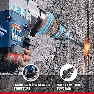 DongCheng 1-1/8 Inch SDS-Plus Rotary Hammer Drill with Safety Clutch, 9.2Amp Heavy Duty Corded Demolition Hammer for Concrete, 1300 RPM, 3.6 Joules, Including 3pcs Drill Bits