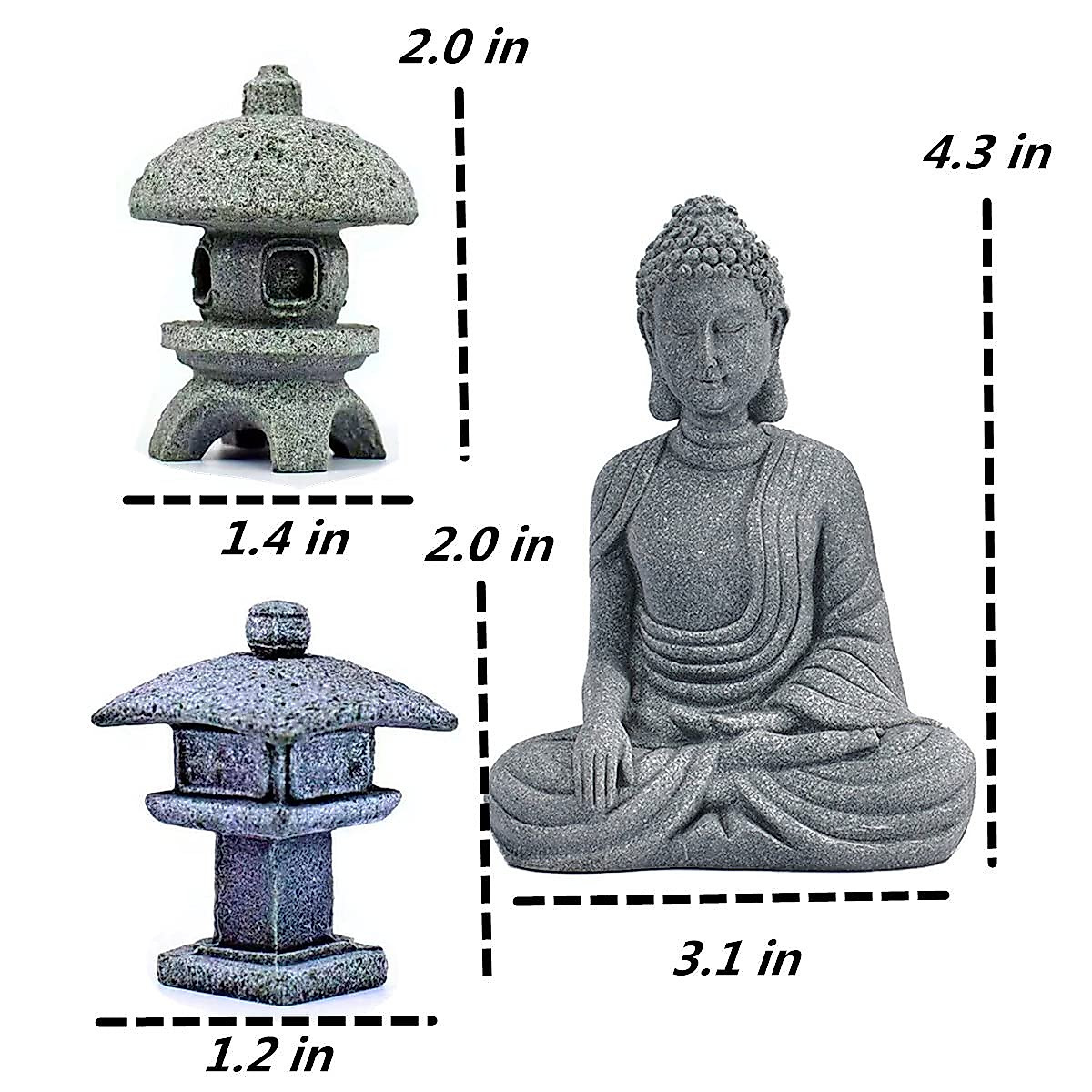 Sdeetesamjun Buddha Statue and 2 Japanese Lantern Pagoda Statues Zen Garden Accessories Buddha Statues for Home Decor Mini Meditation Decor, Buddha Decor, Zen Decor