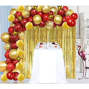 WECEPAR Balloon Garland Arch kit 84 pcs with Ruby Red and Gold Balloon, Star Balloon Confetti Balloons Gold Sequin Table Runner and Background Curtain for Birthday Party, Wedding, Christmas, New Year