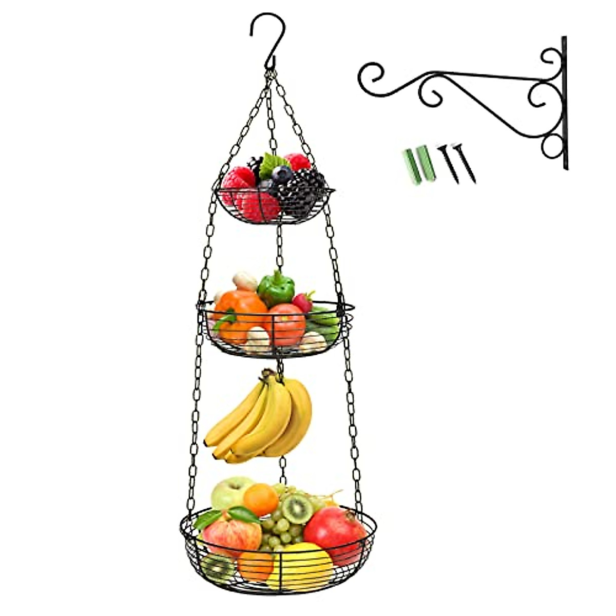 HULISEN 3 Tier Hanging Fruit Basket with Banana Hook, Heavy Duty Wire Hanging Baskets for Kitchen Storage, 36 Inch Hanging Vegetable Produce Basket Organizer (Including Installation Bracket)