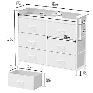Welfuturer White Dresser for Bedroom with Charing Station and LED Light 6 Drawer Dresser with PU Finish Fabric Chest of Drawers for Closet Living Room Hallway Sturdy Steel Frame Double Wooden Tabletop
