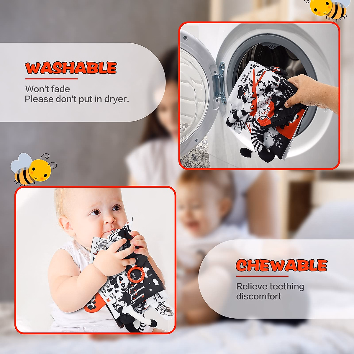 OKOOKO Soft Baby Book Black and White High Contrast Animals Tails Book Bath Book Montessori Sensory Stroller Toy Non-Toxic Crinkle Washable Early Education for Baby Infant Toddler